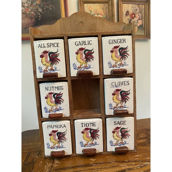 Pates Co. | Kitchen | Vintage Rooster Spice Rack With Ceramic Drawers ...